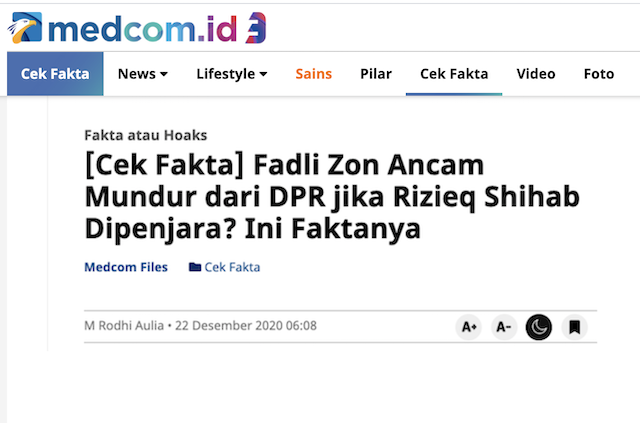 [Cek Fakta] Fadli Zon Janji Mundur dari DPR jika Rizieq Masuk Penjara? Ini Faktanya